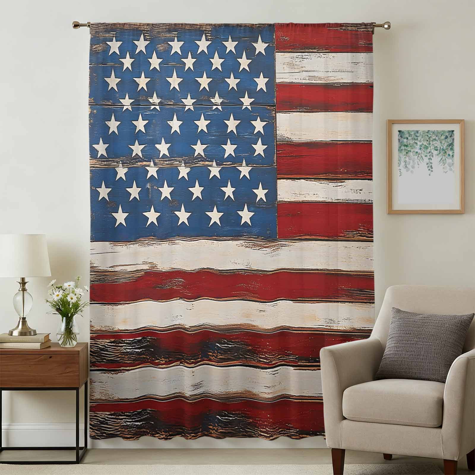 Farmhouse American Flag Sheer Curtains 84 Inches Long, Blue Red USA ...