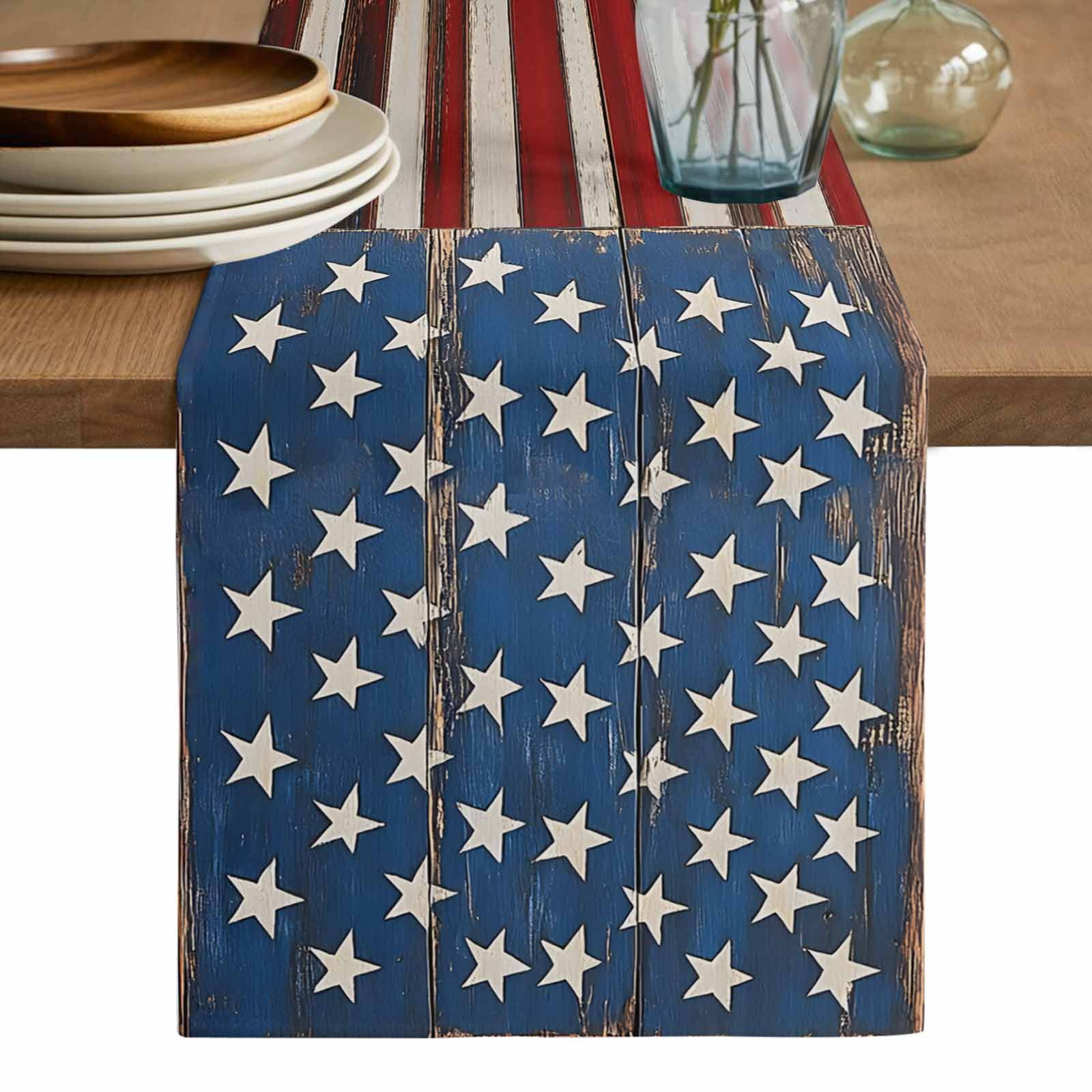 Farmhouse American Flag Table Runner, Blue Red USA Flag Vintage ...