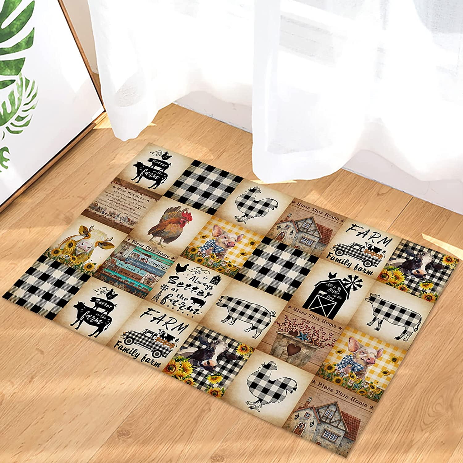 Farmhouse Animal Chicken Pig Truck Vintage Stitching Plaid Indoor ...