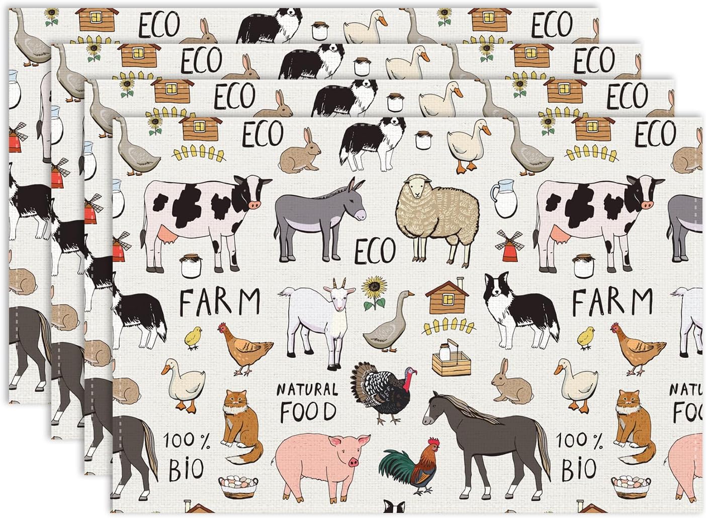 Farmhouse Animal Placemat Set of 4, 12x18 Inch Cute Cartoon Farm Animal ...