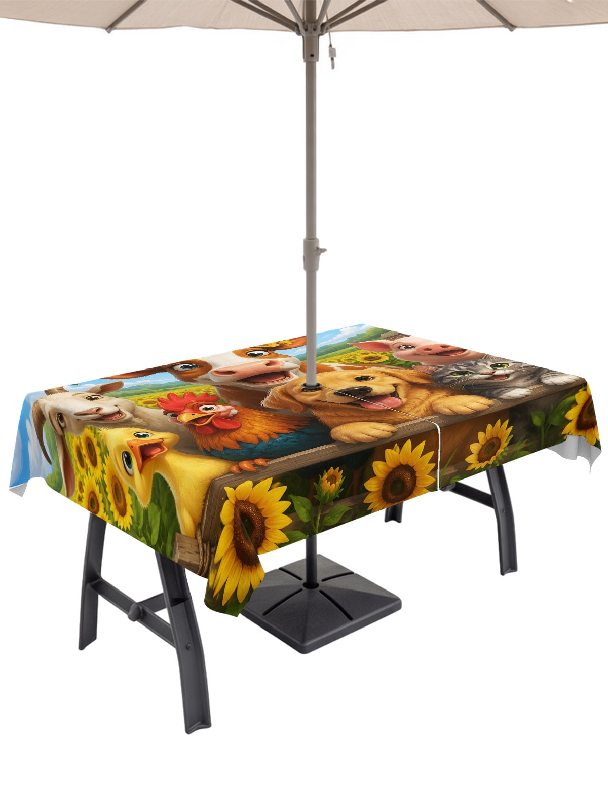 Farmhouse Animal Rectangle Outdoor Tablecloth with Umbrella Hole Cow ...