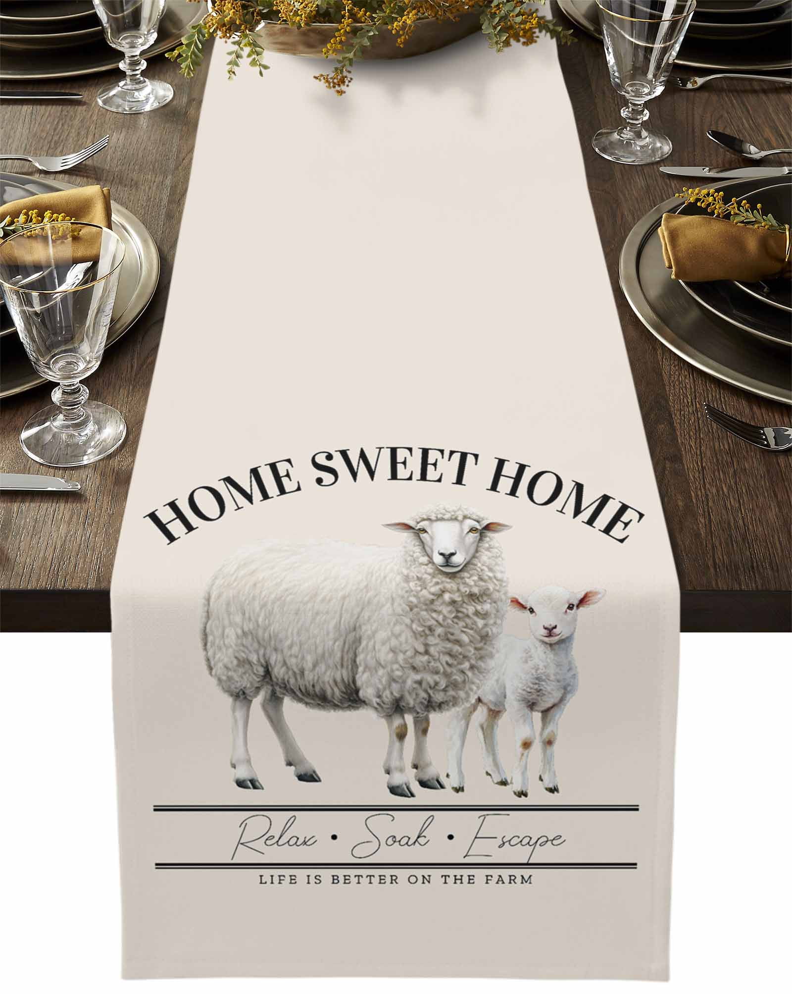 Farmhouse Animal White Sheep Table Runners 13x36 Inches Long Linen ...