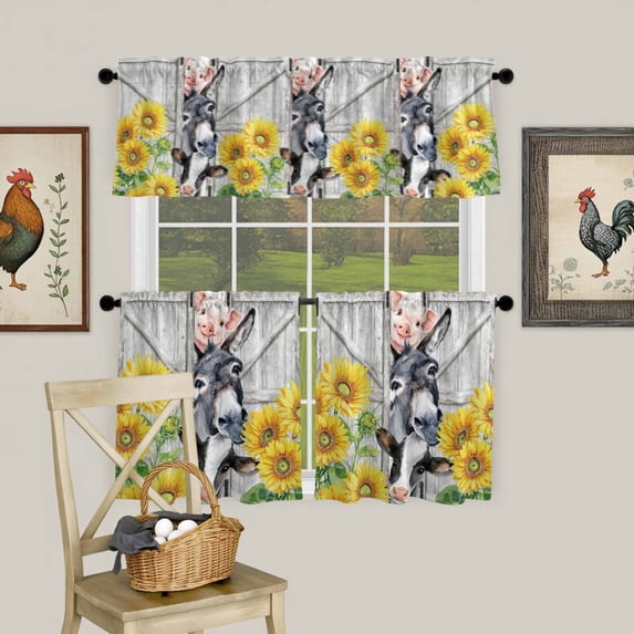 Farmhouse Animal Yellow Flower Curtain Tier and Valance Set 3 Piece ...