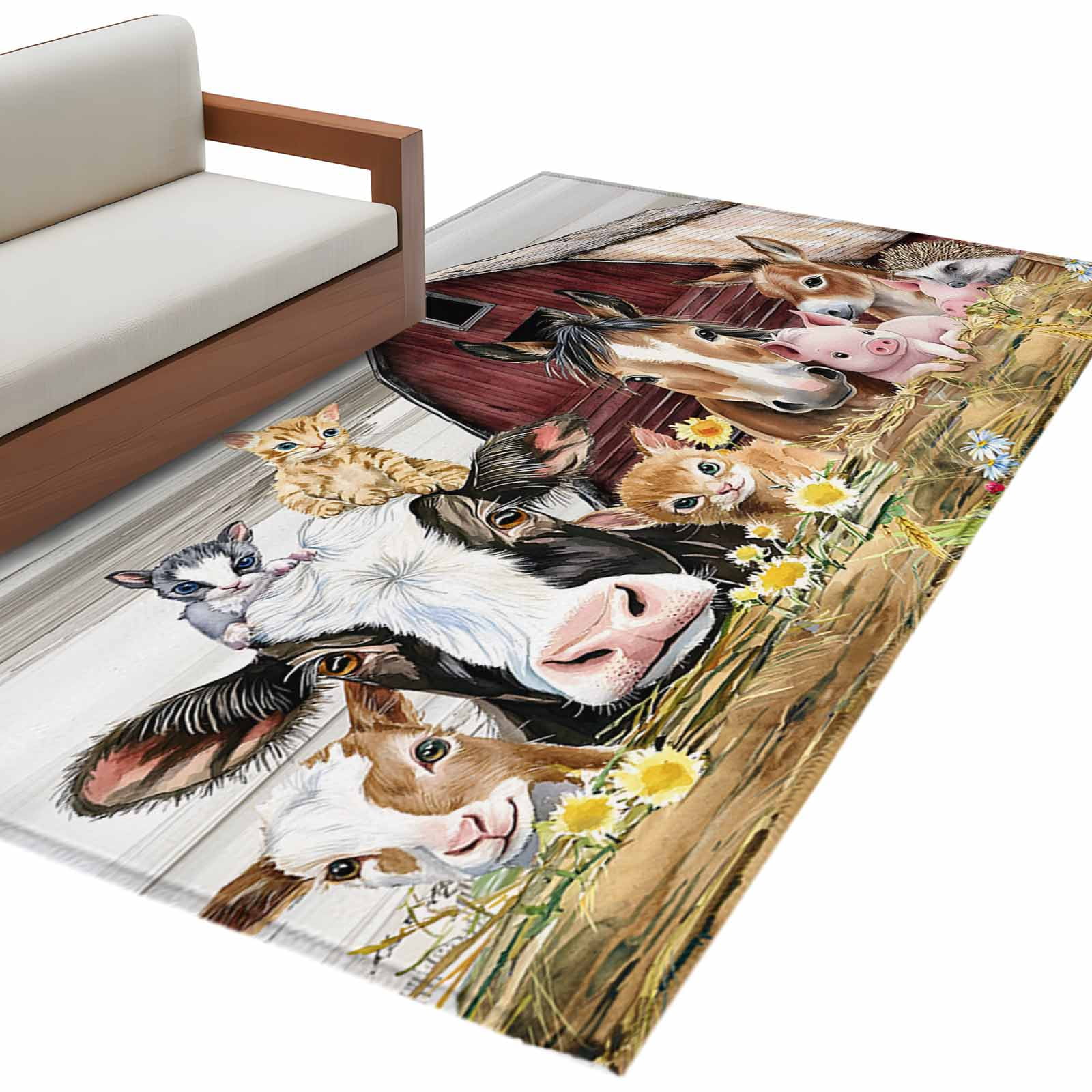 Farmhouse Animals 3'x5' Washable Rug, Cow Pig in Fence Retro Wood Barn ...