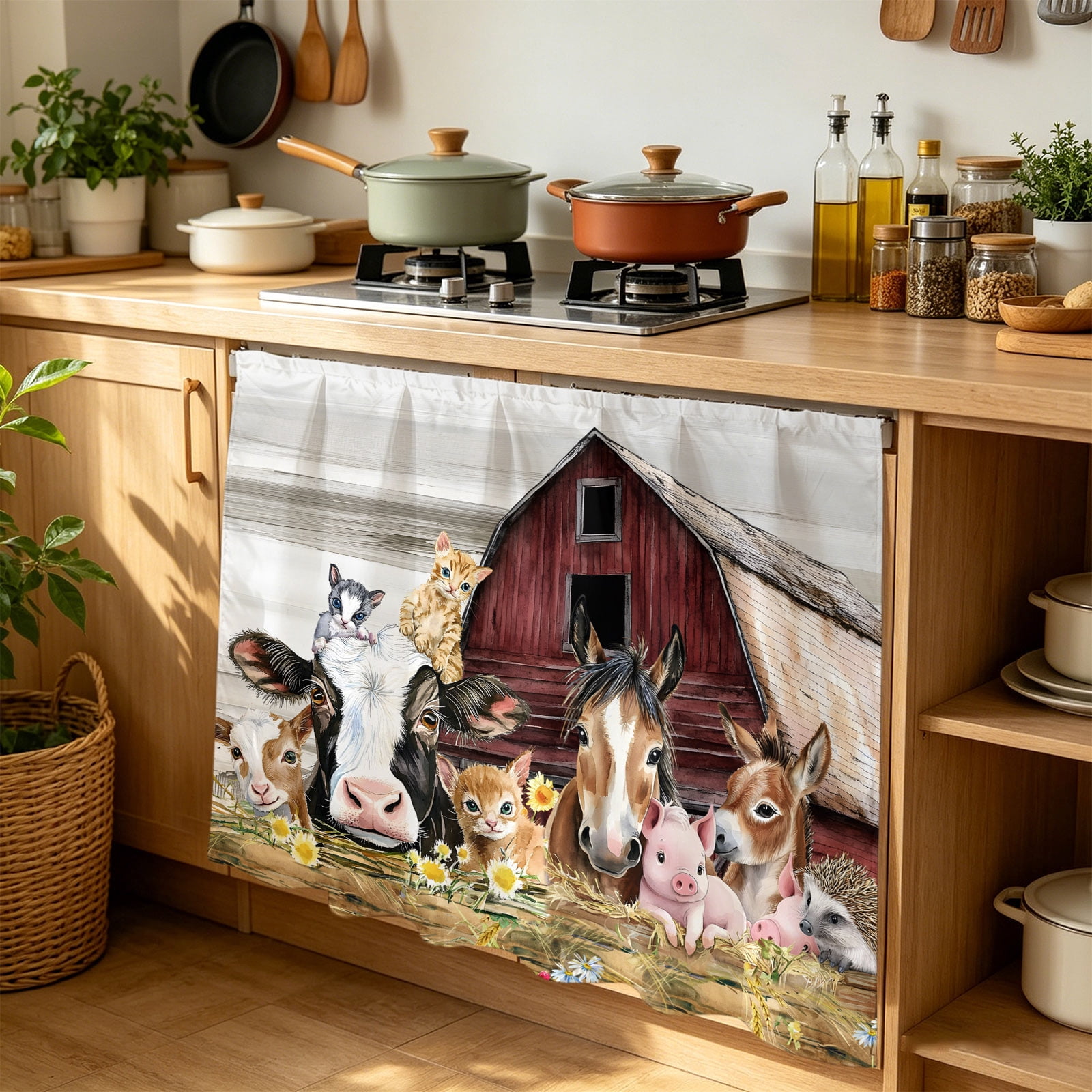 Farmhouse Animals Cabinet Curtains 35''x35'', Cow Pig in Fence Retro ...