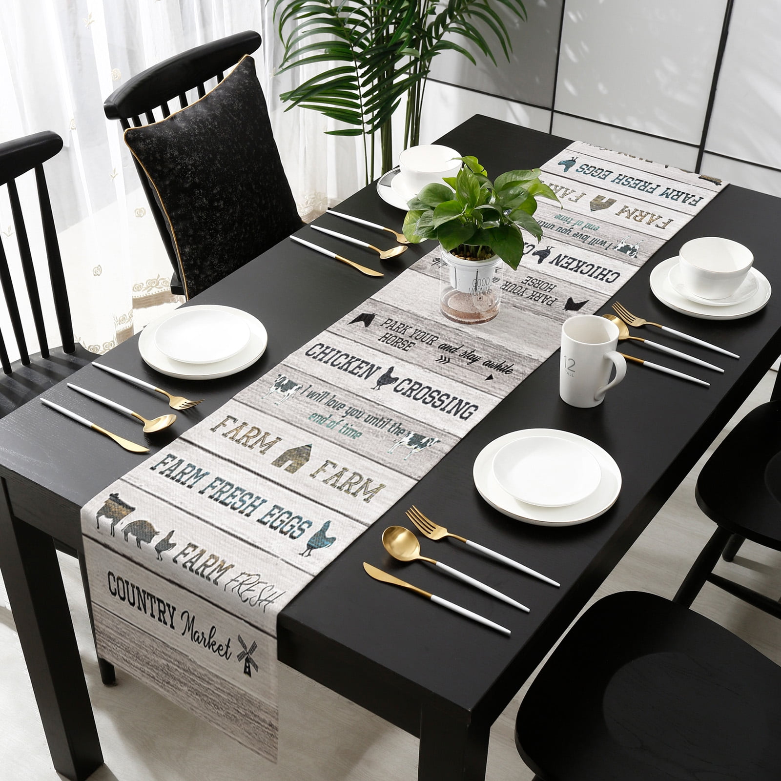 Farmhouse Animals Cotton Linen Small Table Runner 13 x 60 inch Rooster ...