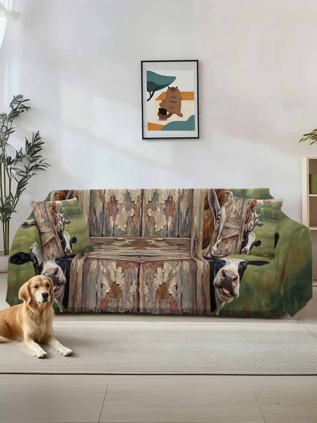 Farmhouse Animals Couch Cover, Country Cows Sheeps Roosters Farm ...