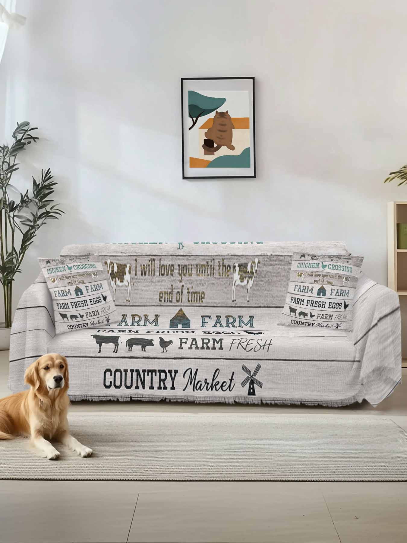 Farmhouse Animals Couch Cover for Dogs, Rooster Pig Cow Rustic Beige ...