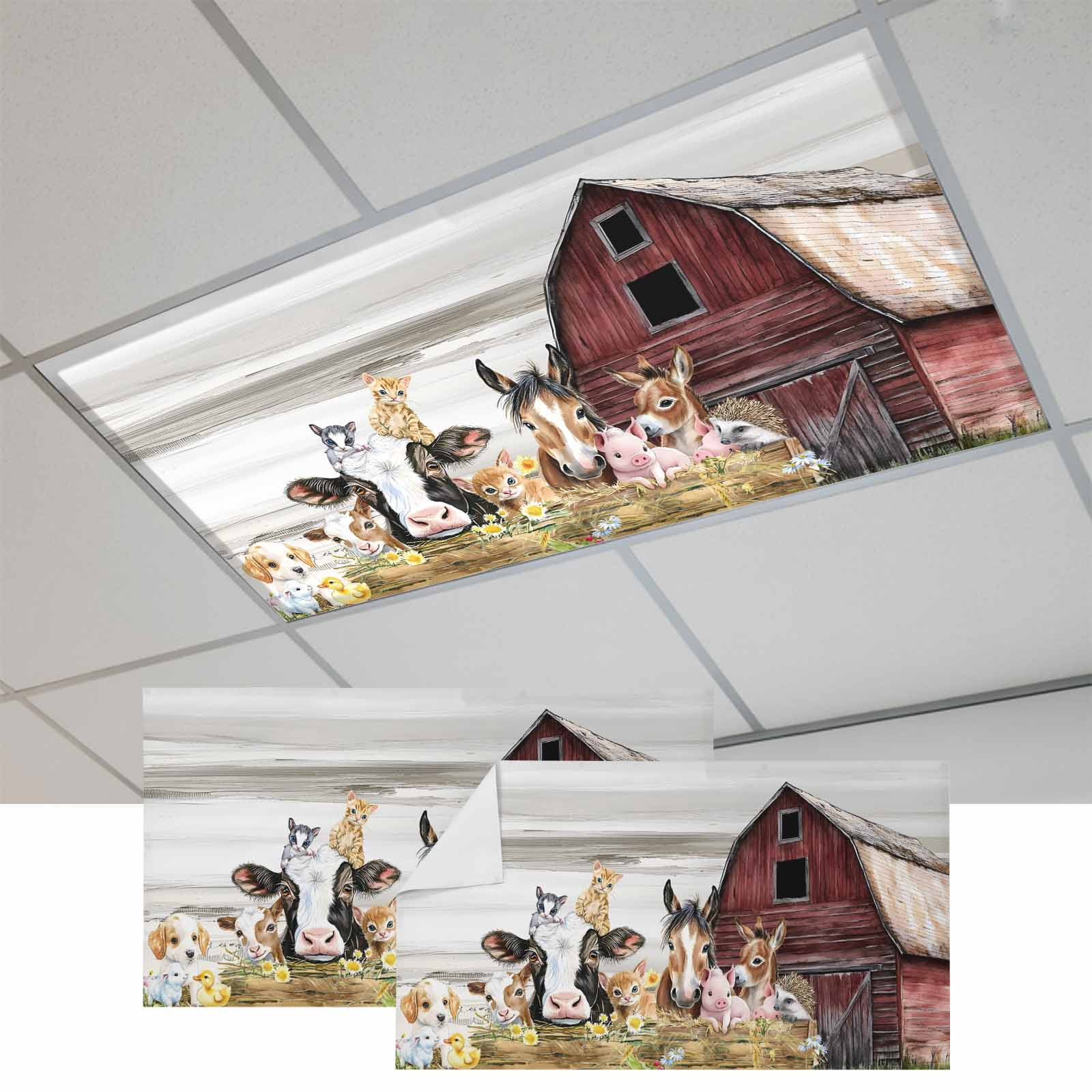 Farmhouse Animals Fluorescent Light Covers, Cow Pig in Fence Retro Wood ...