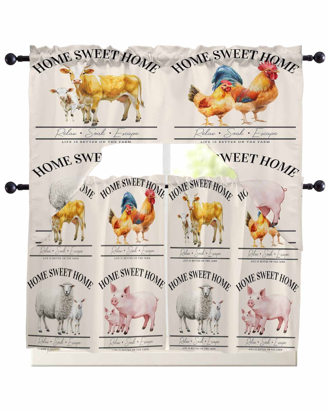 Farmhouse Animals Kitchen Curtains Swag Valance and Tier Curtains Set ...