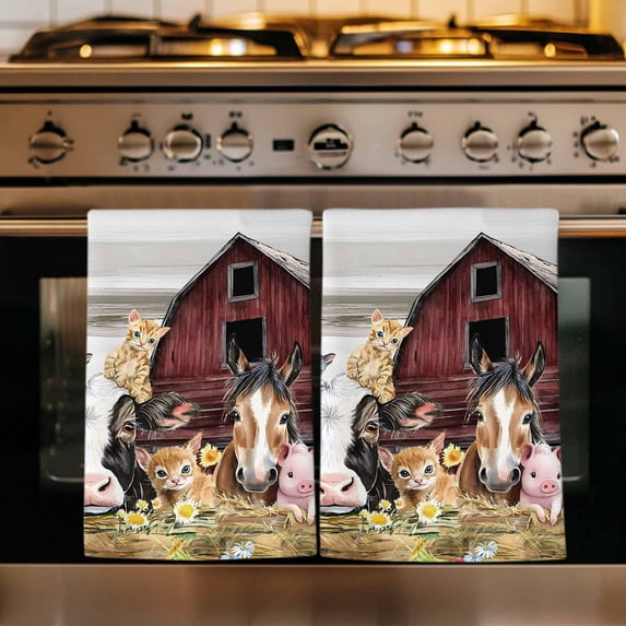 Farmhouse Animals Kitchen Towels Set of 4, Cow Pig in Fence Retro Wood ...
