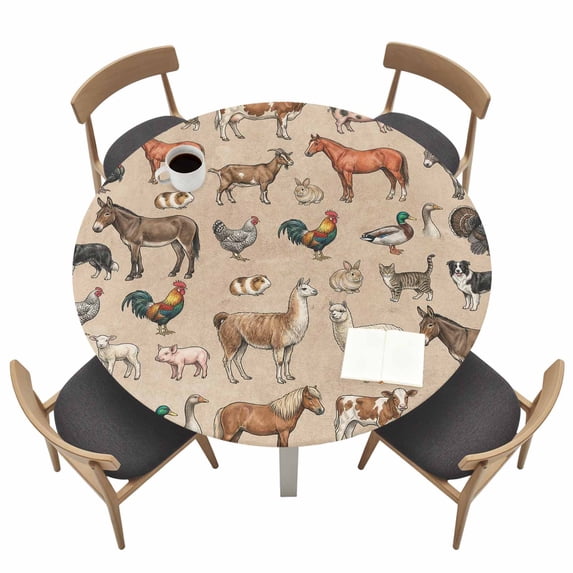 Farmhouse Animals Round Fitted Tablecloth with Elastic Edge Retro Cow ...