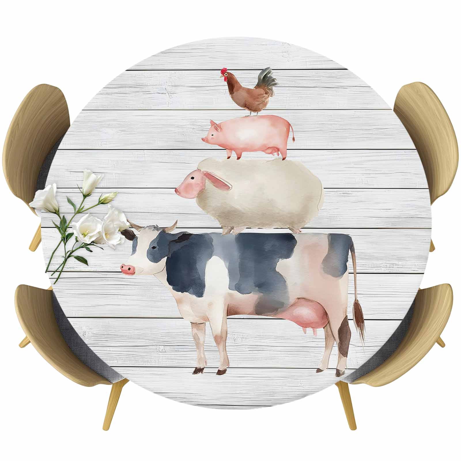 Farmhouse Animals Round Tablecloth, Fitted Table Cover with Elastic for ...