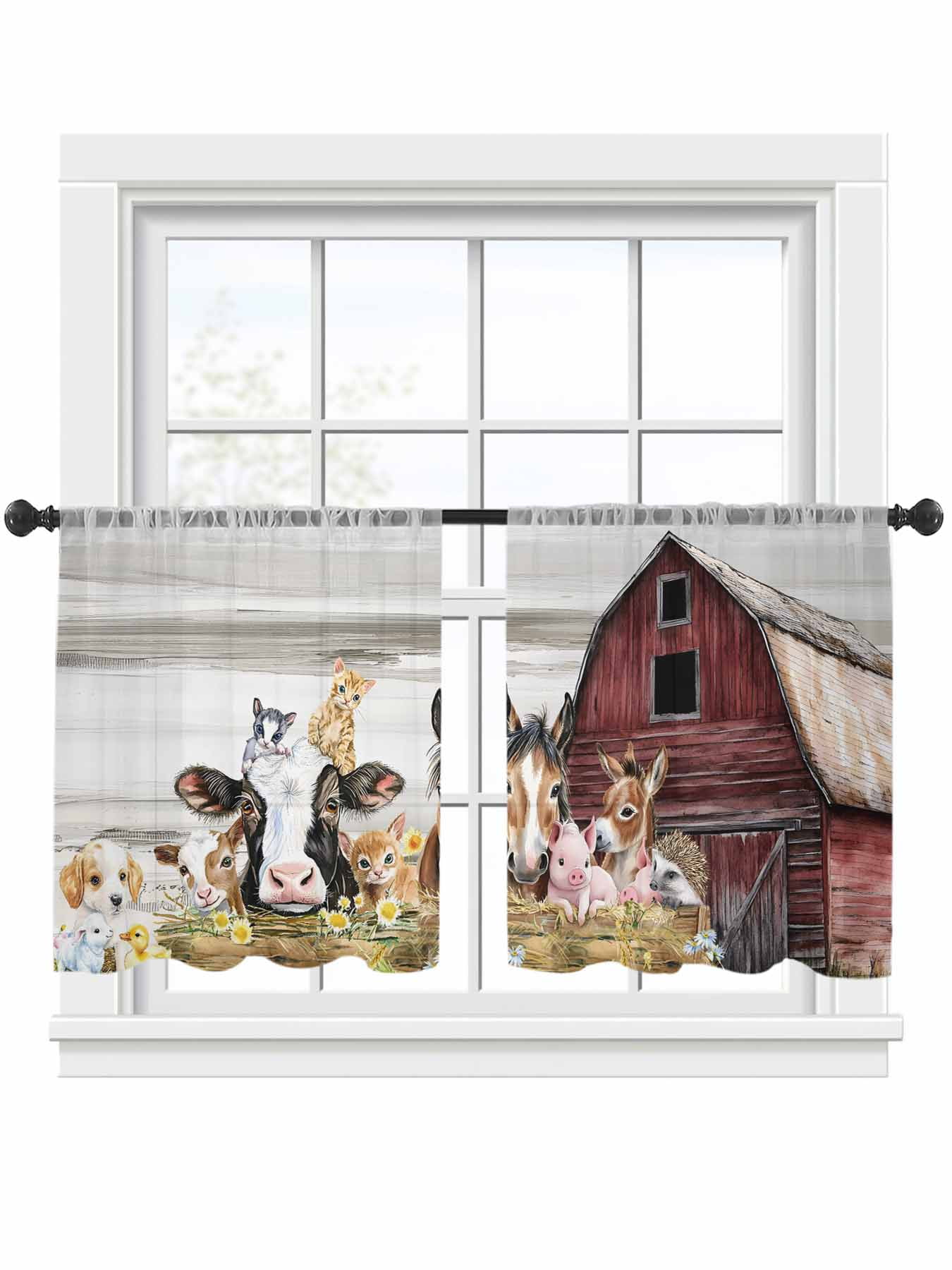 Farmhouse Animals Sheer Curtains 45 Inch Length 2 Panels Set, Semi ...