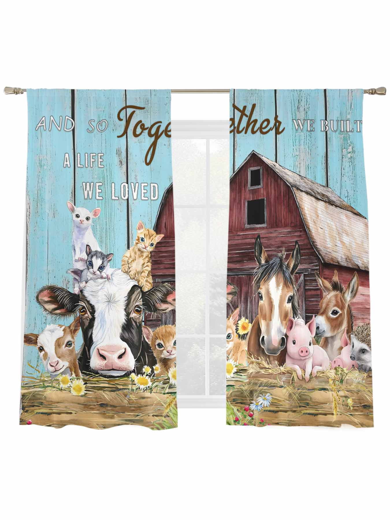 Farmhouse Animals Sheer Curtains 63 Inch Length 2 Panels Set, Semi ...