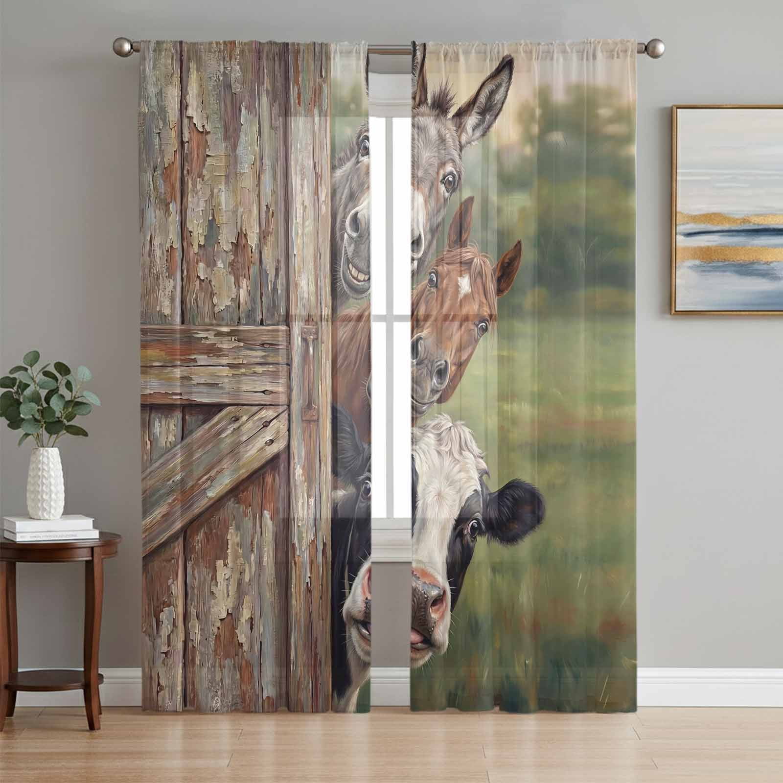 Farmhouse Animals Sheer Curtains 96 Inch Length 2 Panels Set Window ...