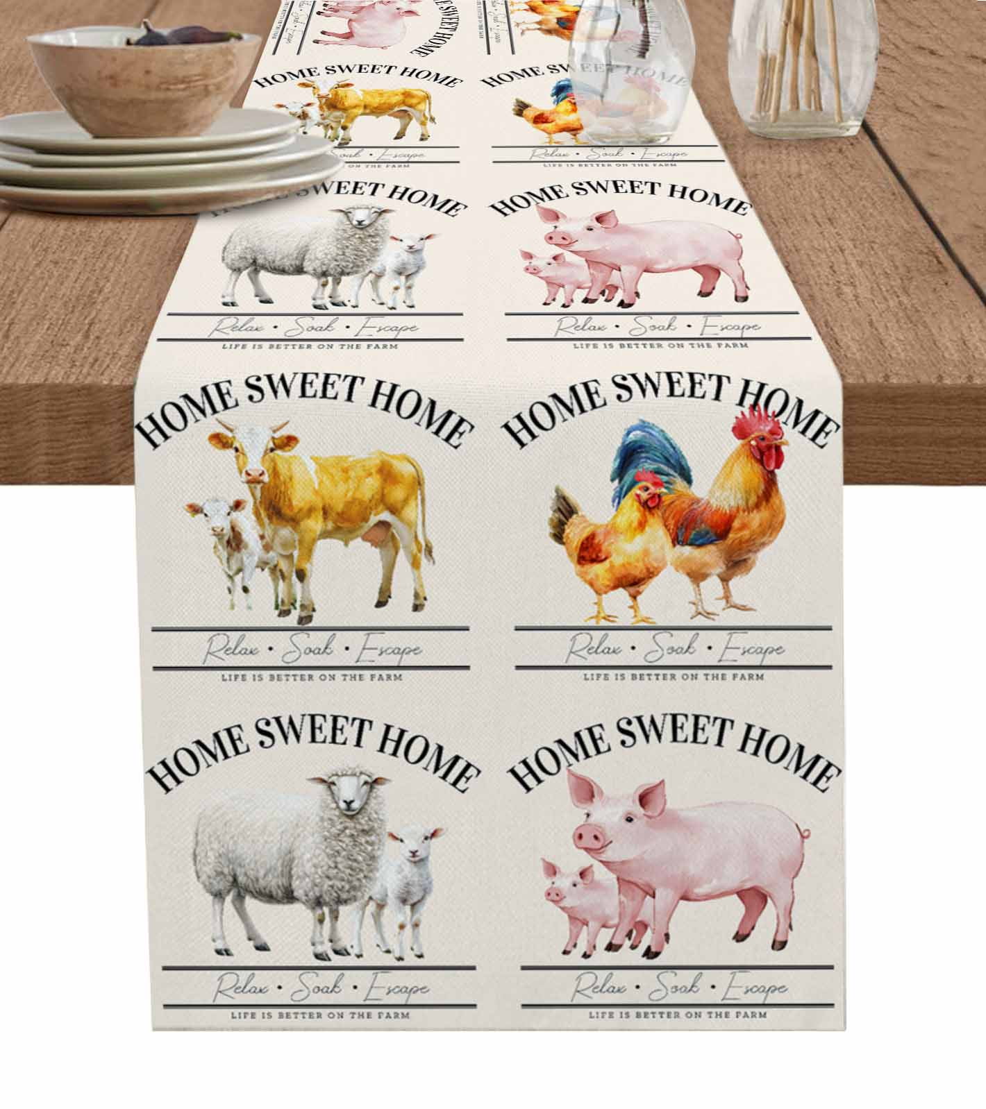 Farmhouse Animals Table Runner 108 Inches, Watercolor Cow Rooster Sheep ...