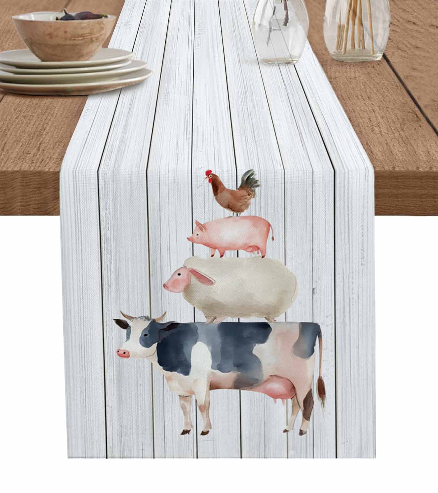 Farmhouse Animals Table Runner 60 Inches, Country Cow Pig Wooden Grain ...