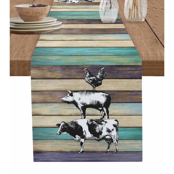 Farmhouse Animals Table Runner 90 Inches, Vintage Wood Country Cow Pig ...
