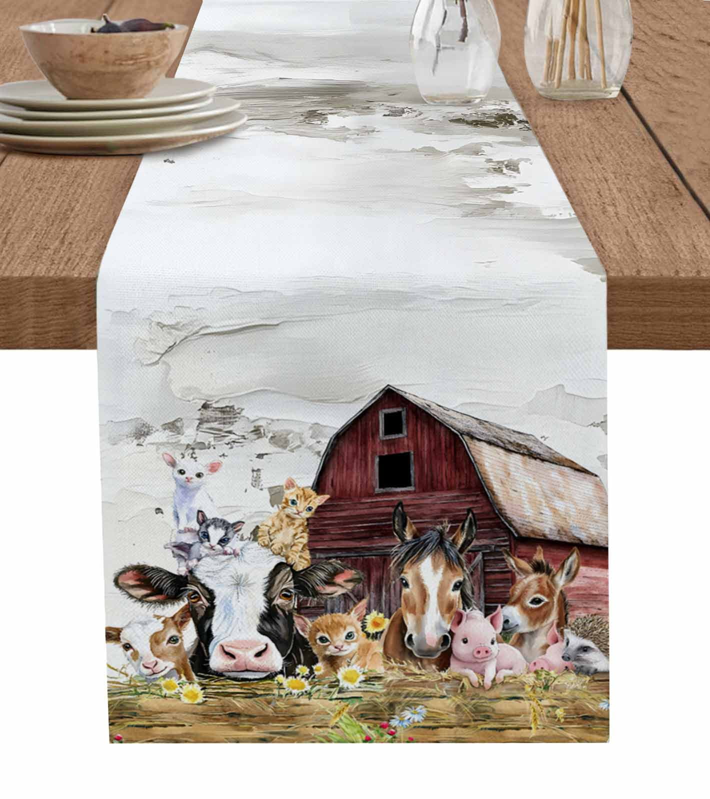 Farmhouse Animals Table Runner Cow Pig in Fence Retro Wood Barn ...