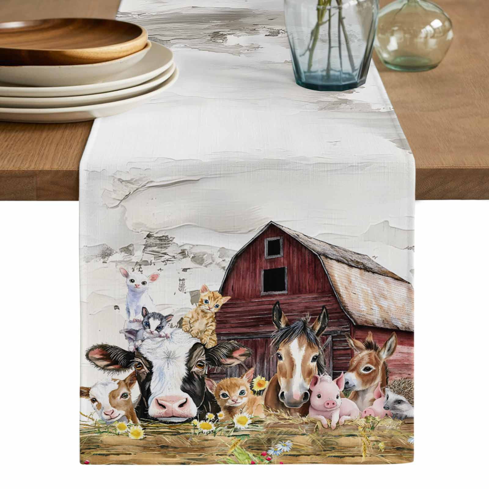 Farmhouse Animals Table Runner, Cow Pig in Fence Retro Wood Barn ...