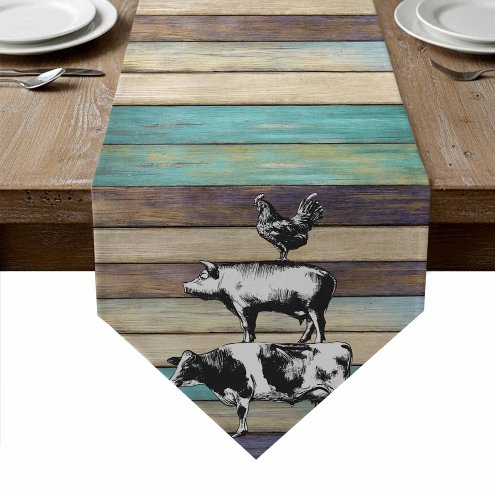 Farmhouse Animals Table Runner Linen Burlap Table Runner 108 Inches ...
