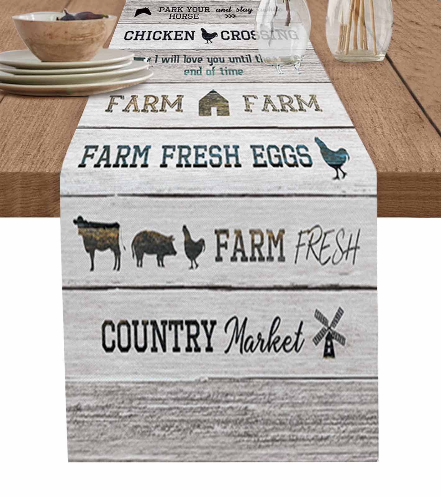 Farmhouse Animals Table Runner Rooster Pig Cow Rustic Beige Wood ...