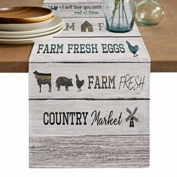 Farmhouse Animals Table Runner, Rooster Pig Cow Rustic Beige Wood ...