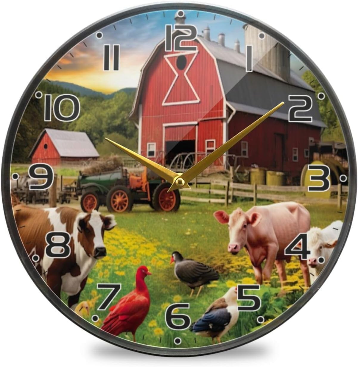 Farmhouse Animals Wall Clock Round Silent Non Ticking Battery Operated ...