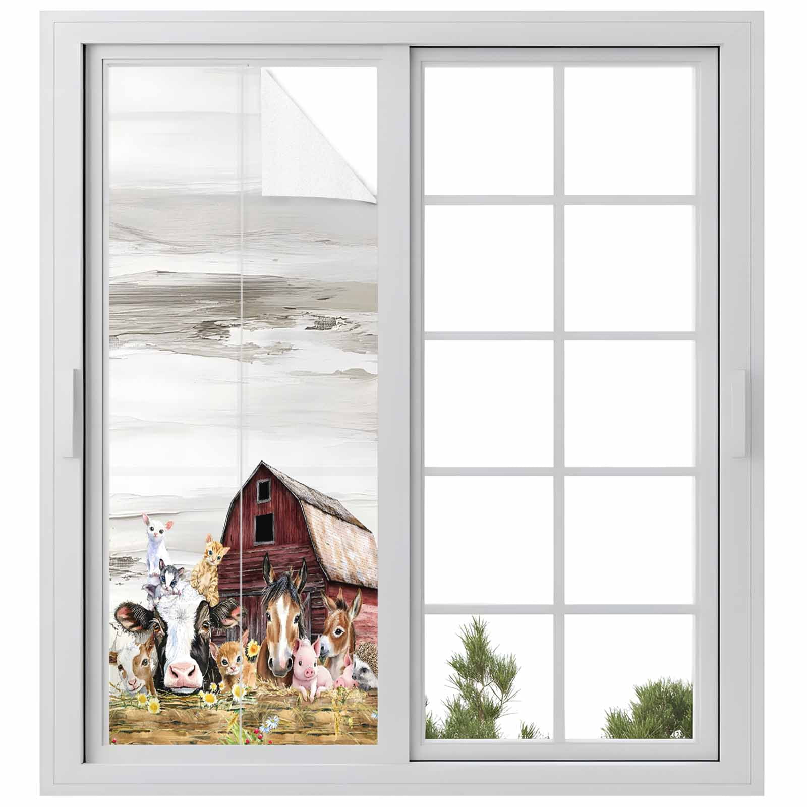Farmhouse Animals Window Privacy Film, Cow Pig in Fence Retro Wood Barn ...