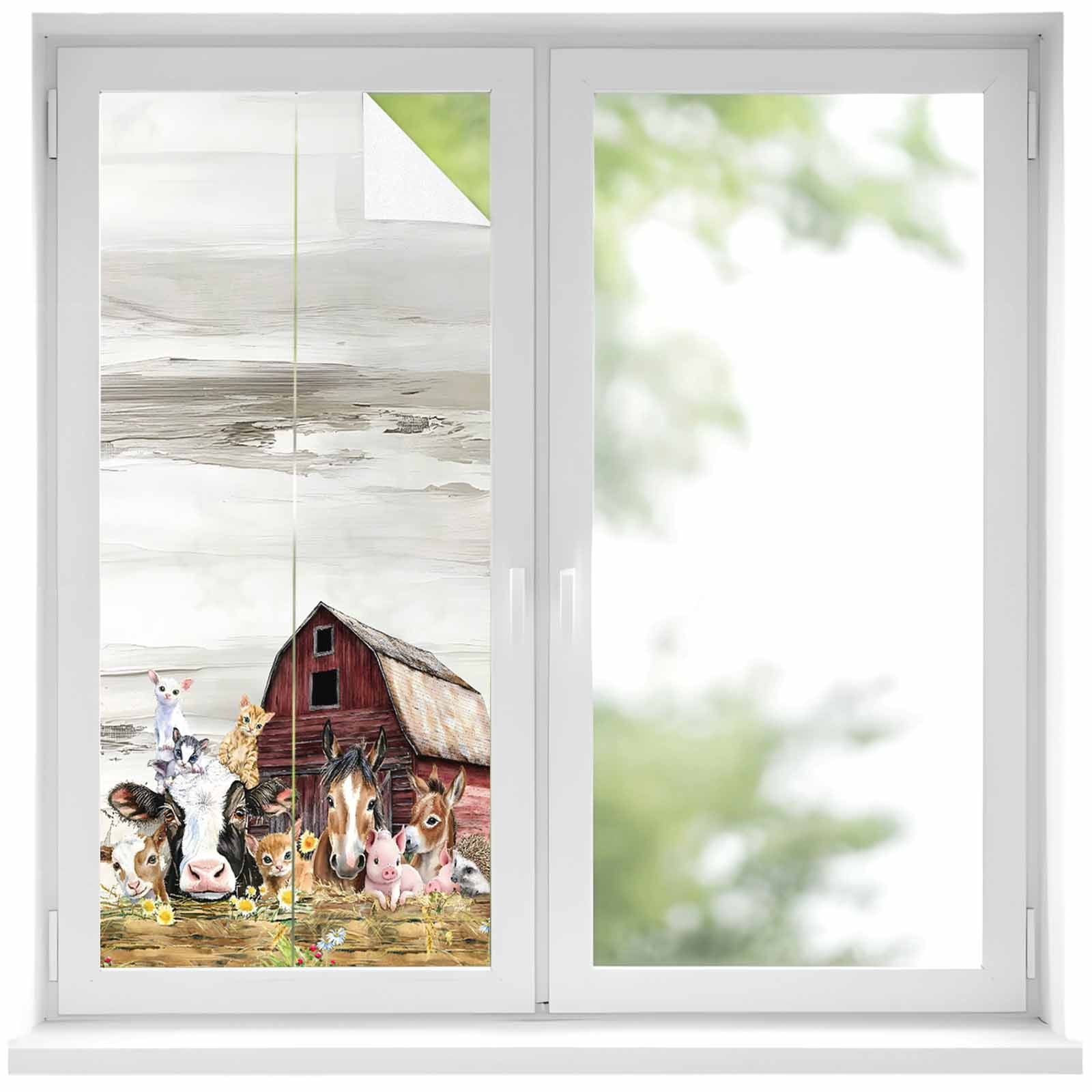 Farmhouse Animals Window Privacy Film, Cow Pig in Fence Retro Wood Barn ...
