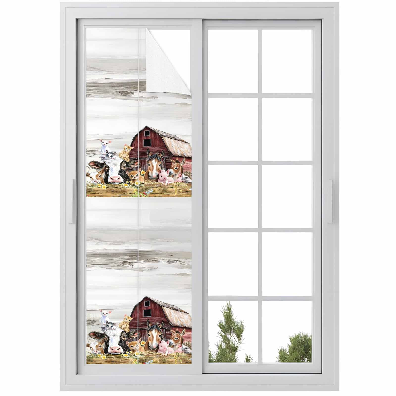 Farmhouse Animals Window Privacy Film, Cow Pig in Fence Retro Wood Barn ...