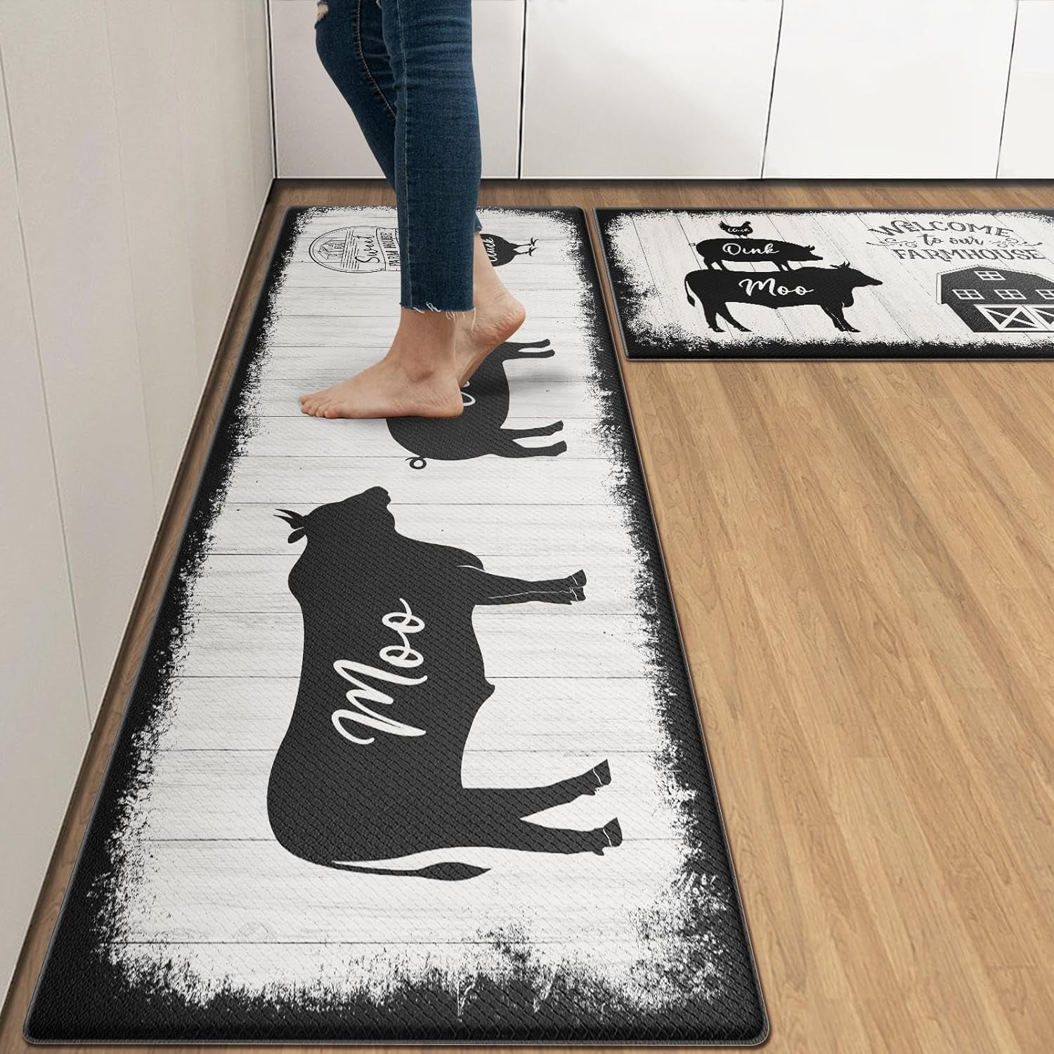 Farmhouse Anti-Fatigue Kitchen Rug Set of 2 Grey Black Bull Pig Chicken ...