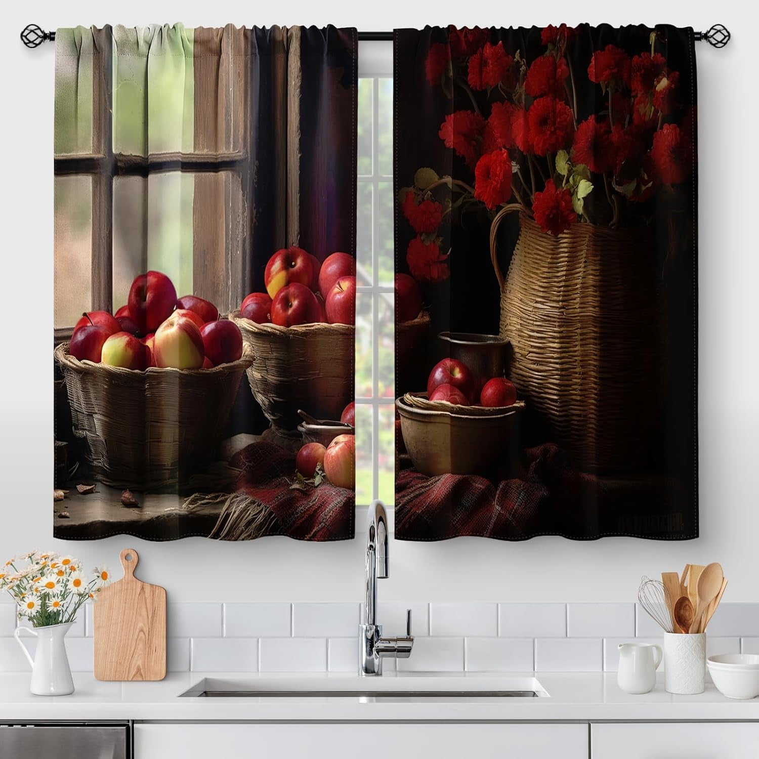 Farmhouse Apple Fruit Kitchen Curtains - Art Small Short Cafe Curtains ...