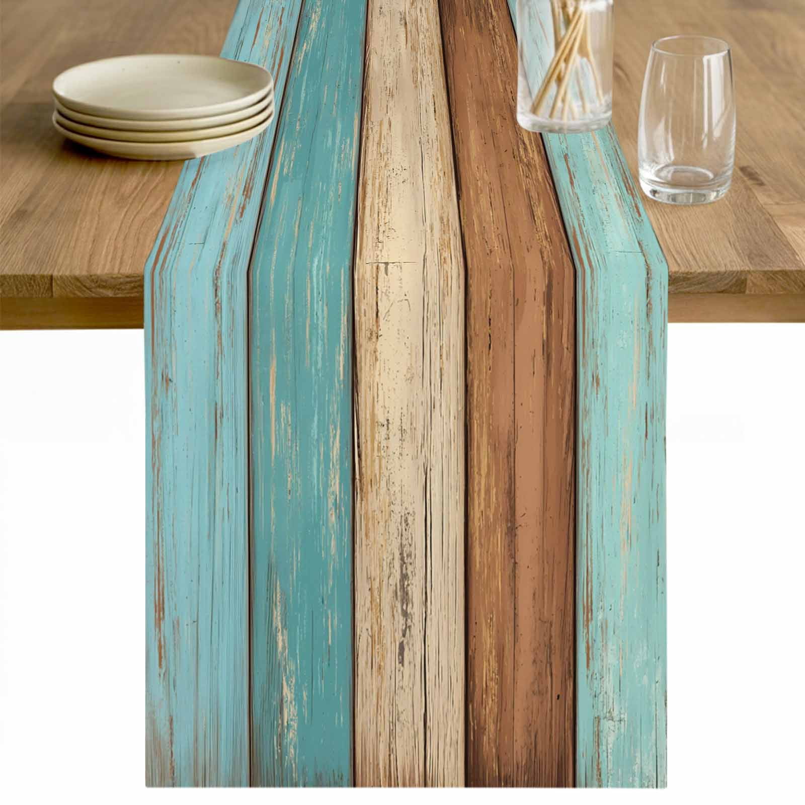 Farmhouse Aqua Brown Table Runner 48 Inches Long Farmhouse Dress ...