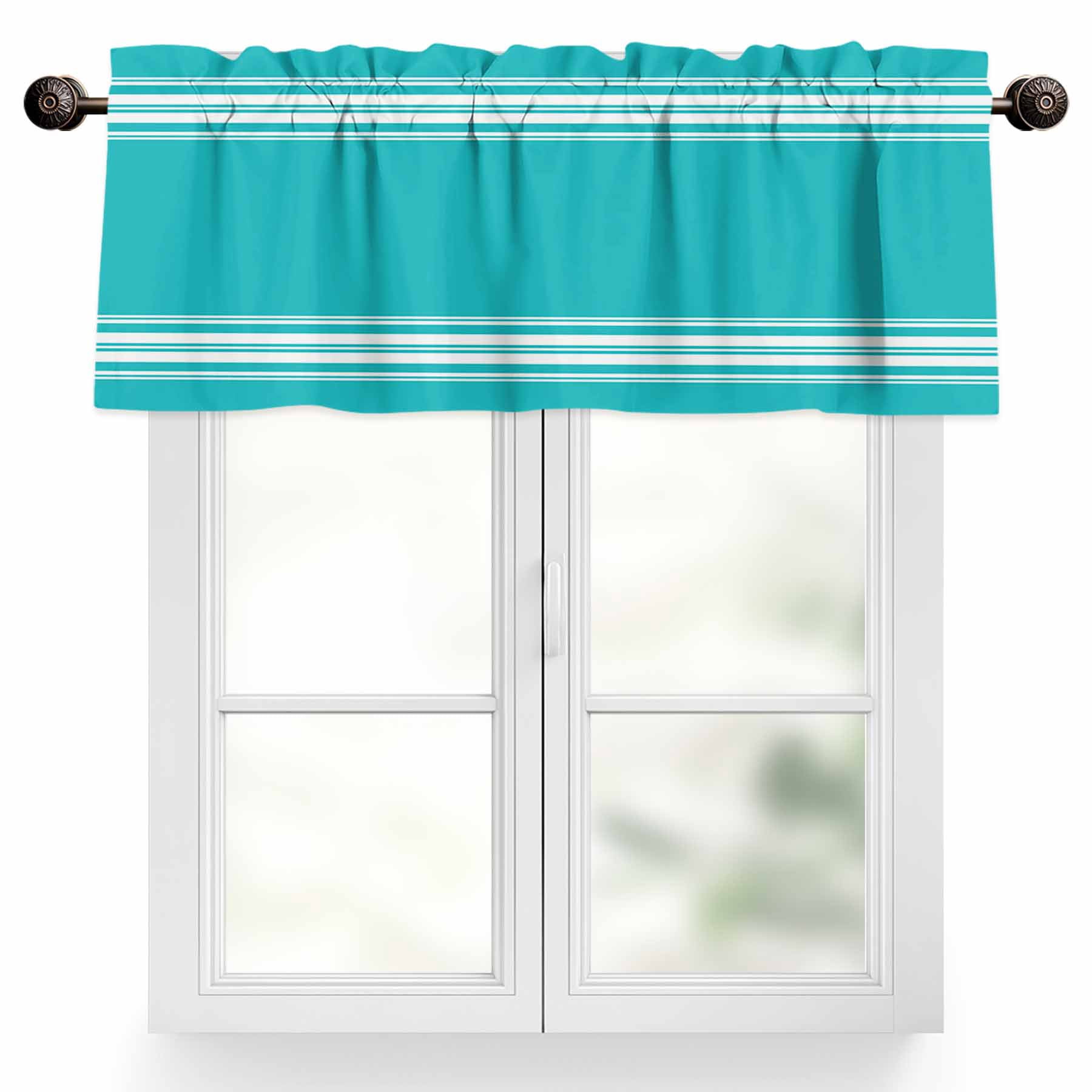 Farmhouse Aqua Valances for Windows, 42 x 18in, White Stripe Rod Pocket ...