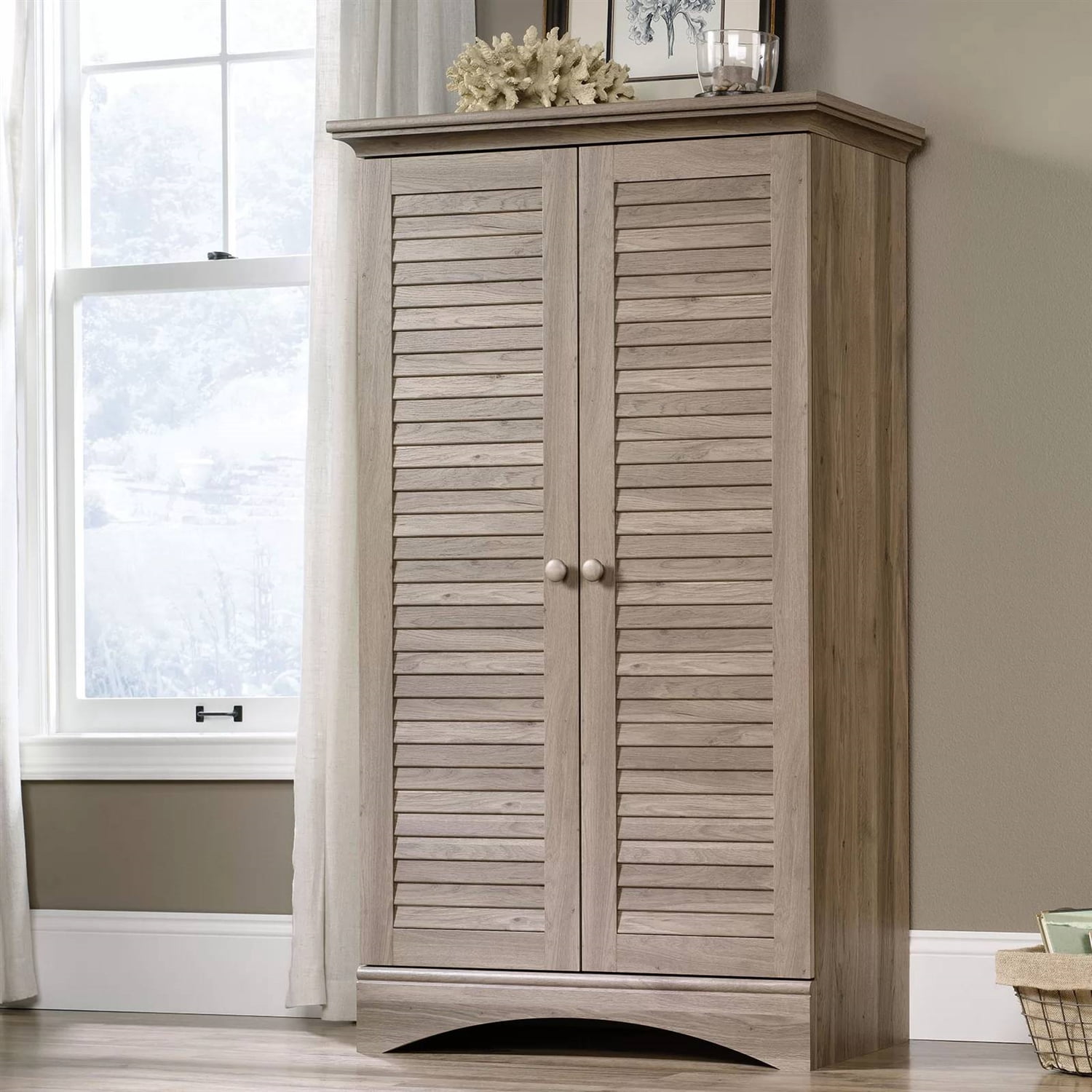 Farmhouse Armoire Storage Cabinet w/ Louver Doors in Light Brown Oak ...