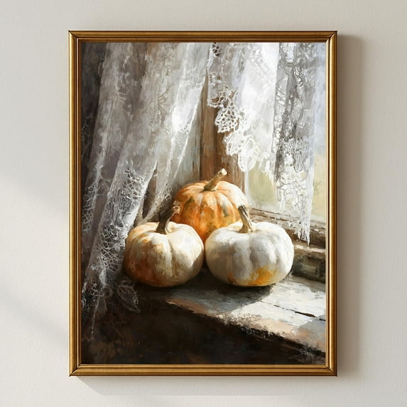 Farmhouse Autumn Wall Art, White Pumpkins On Rustic Windowsill With ...