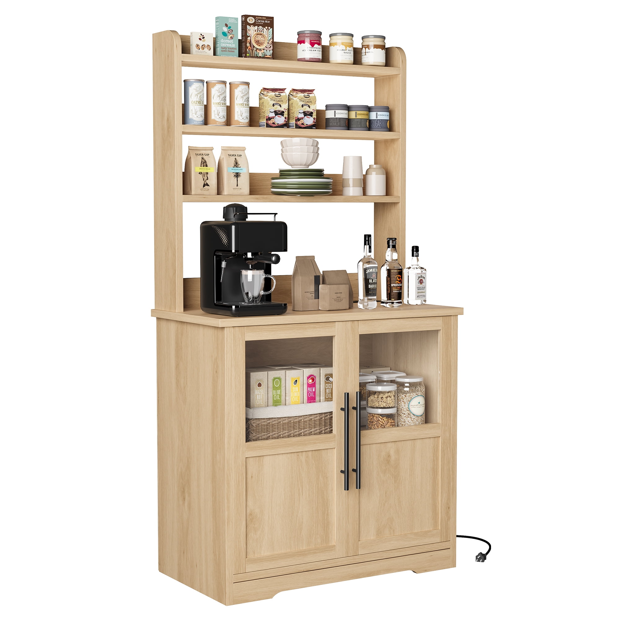Farmhouse Bakers Rack & Cabinet with Glass Door,Kitchen Hutch Pantry ...