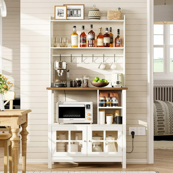 Farmhouse Bakers Rack with Power Outlets and Storage, Coffee Bar ...