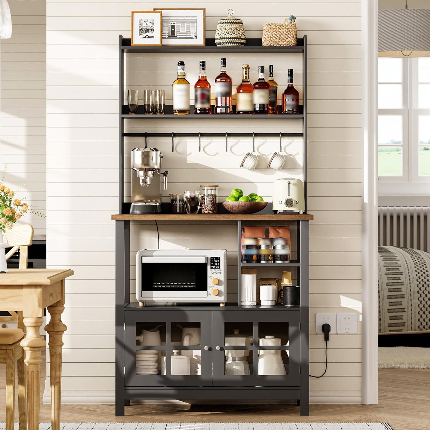 Farmhouse Bakers Rack with Power Outlets and Storage, Coffee Bar ...