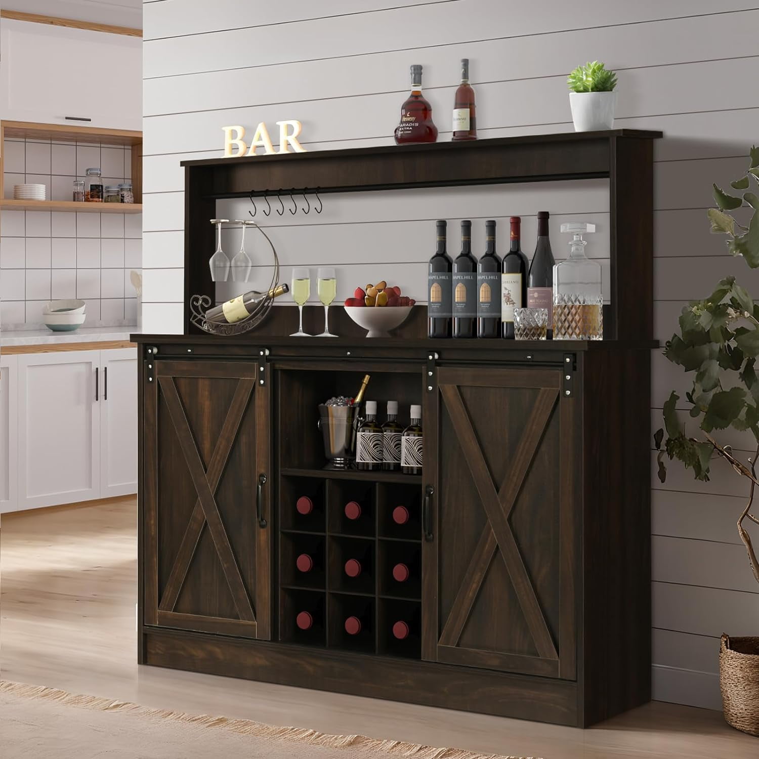 Farmhouse Bar Cabinet, Home Bar Cabinet with Removable Wine Rack ...