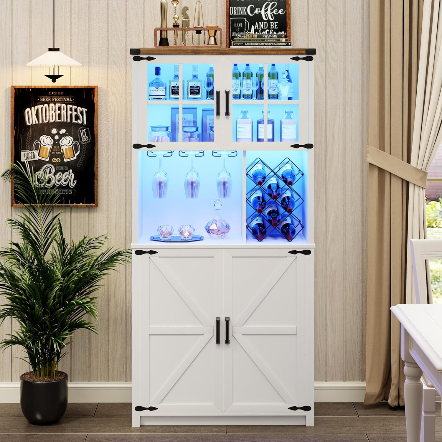 Farmhouse Bar Cabinet with LED Light 69'' Tall Liquor Cabinets for with ...