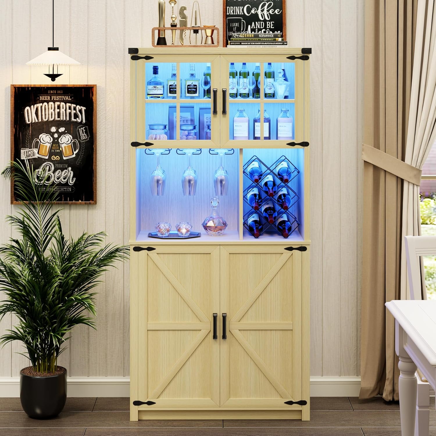 Farmhouse Bar Cabinet with LED Light 69'' Tall Liquor Cabinets for with Wine & Glass Holder ...