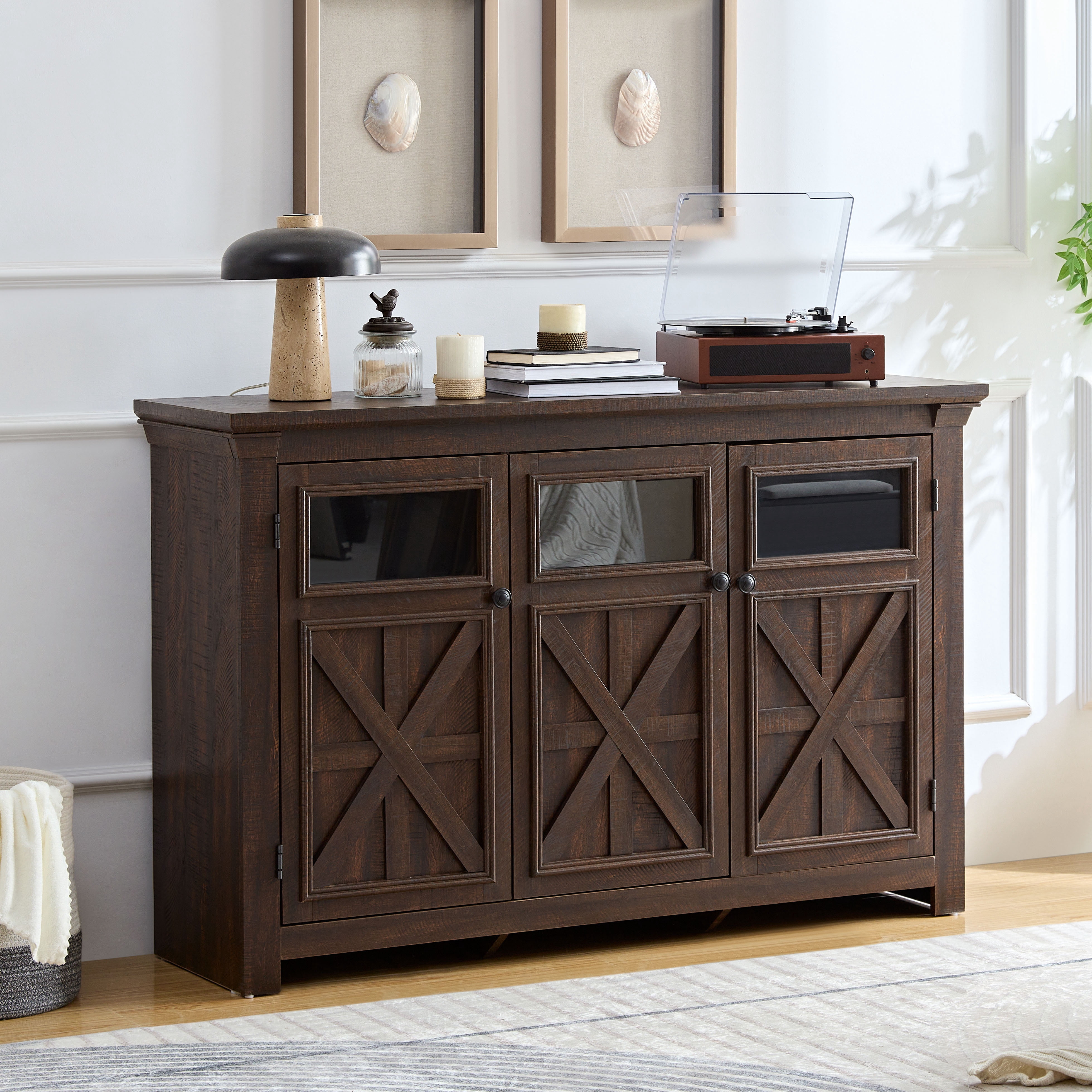 Farmhouse Bar Cabinet, Large Kitchen Buffet with Adjustable Shelf ...