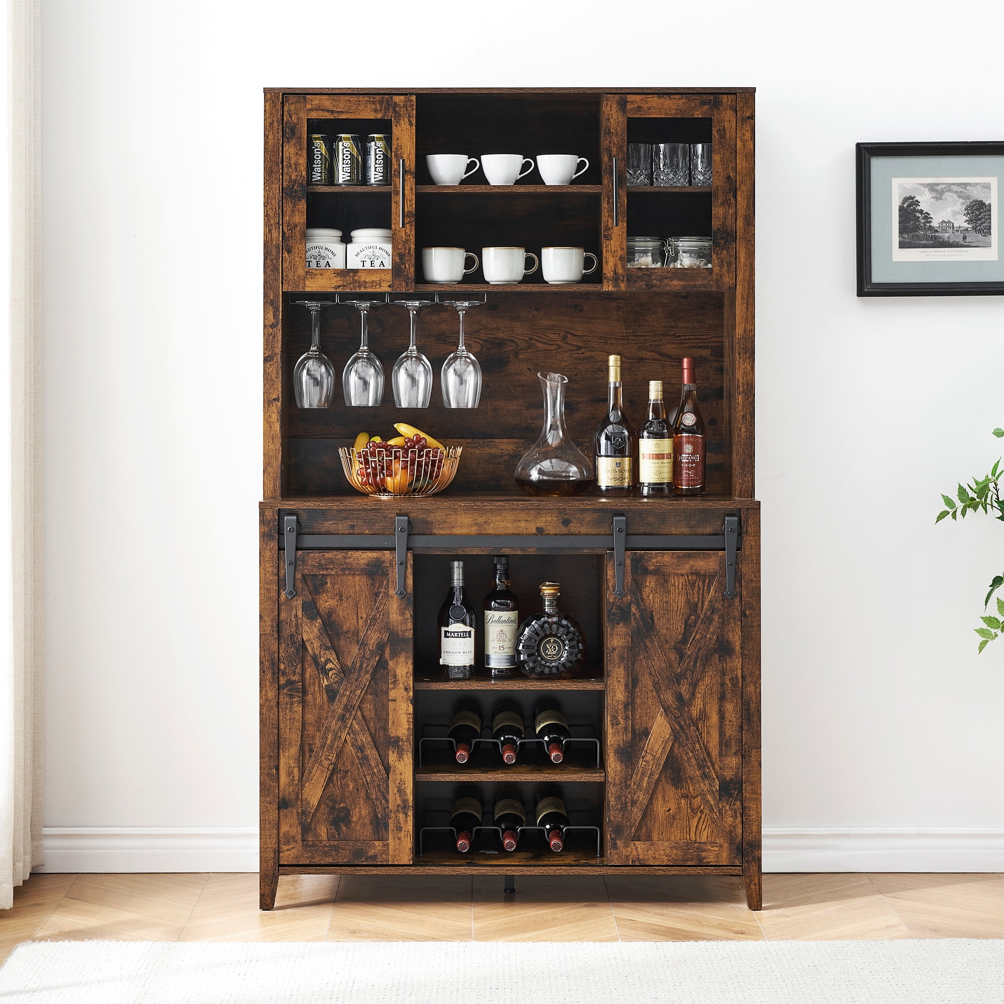Farmhouse Bar Cabinet with Sliding Barn Door 69"Rustic Liquor Cabinet ...