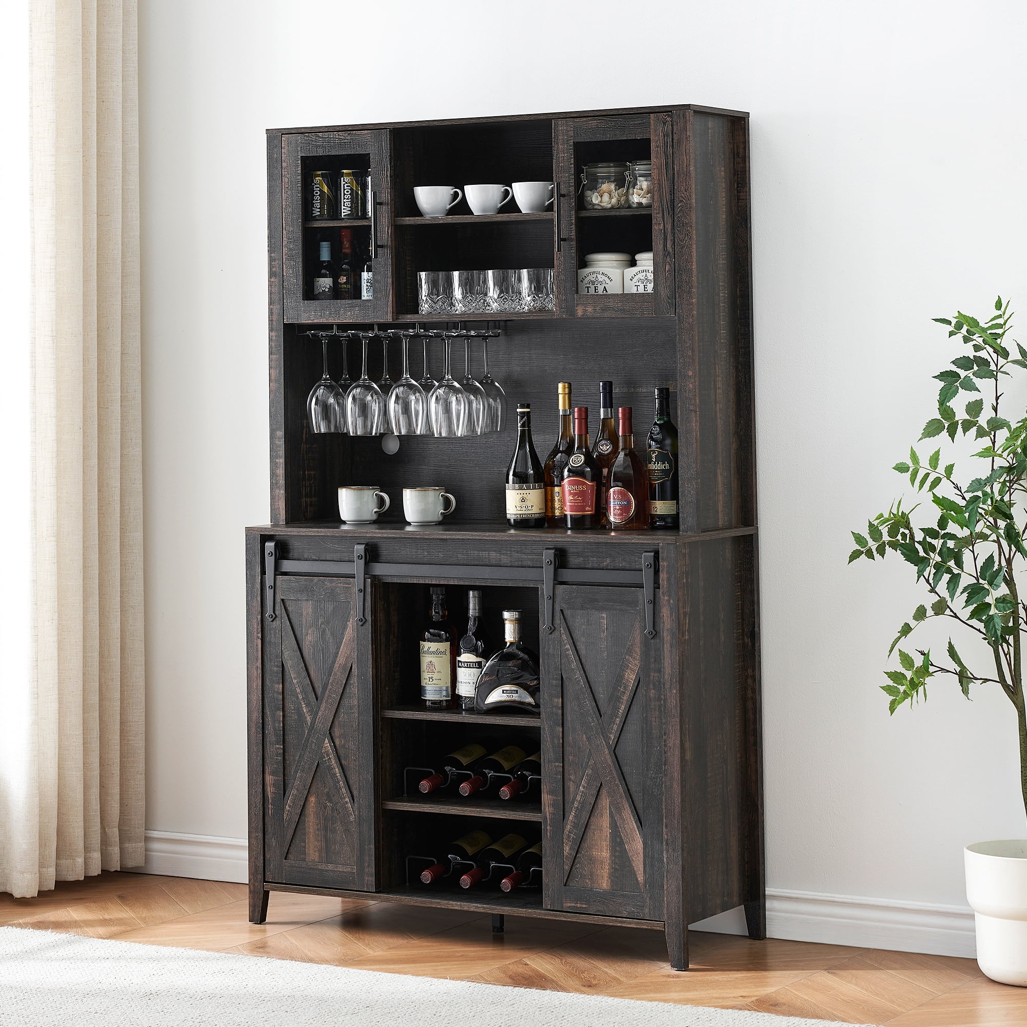 Farmhouse Bar Cabinet with Sliding Barn Door 69" Rustic Liquor Cabinet ...