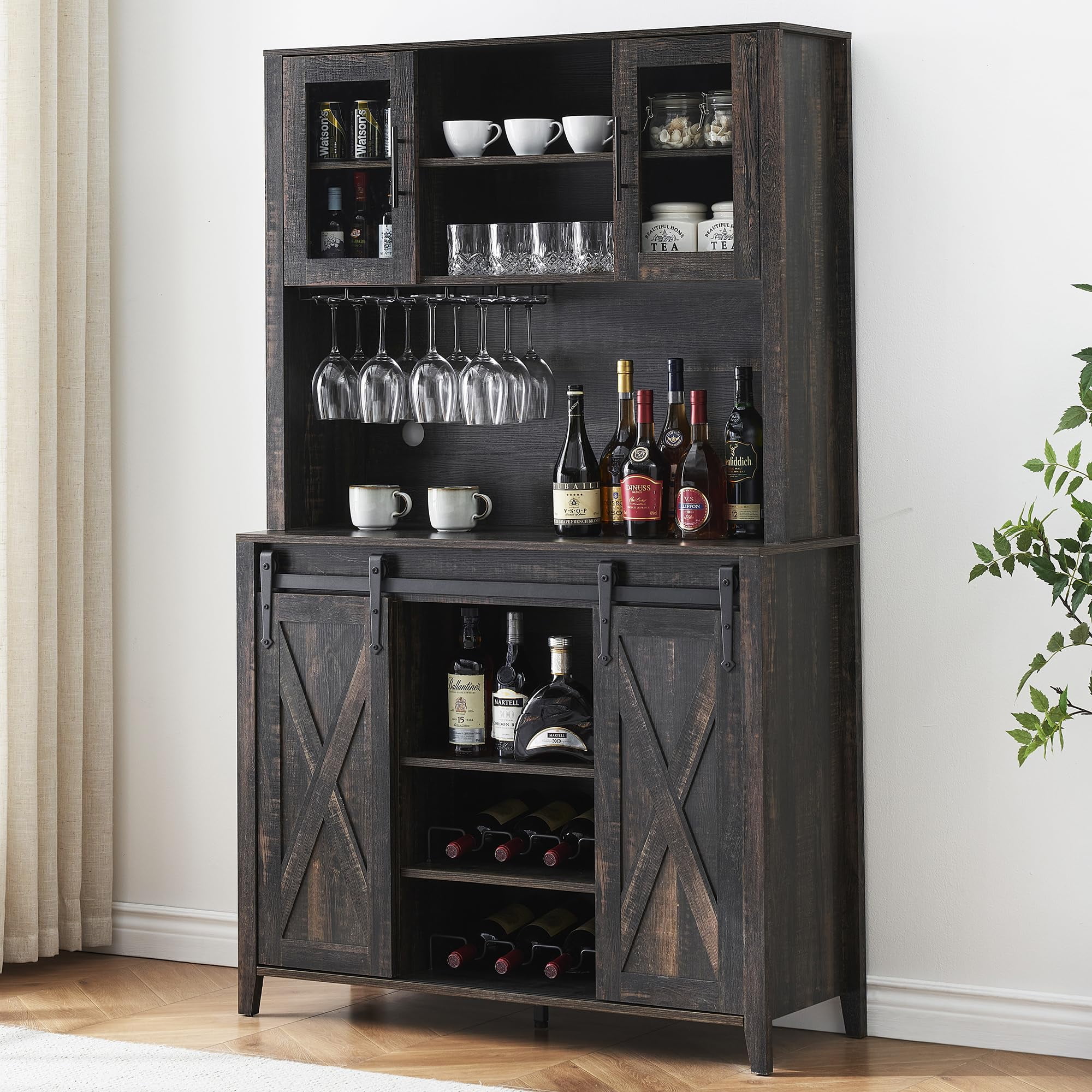 Farmhouse Bar Cabinet with Sliding Barn Door, 70" Rustic Buffet Cabinet ...