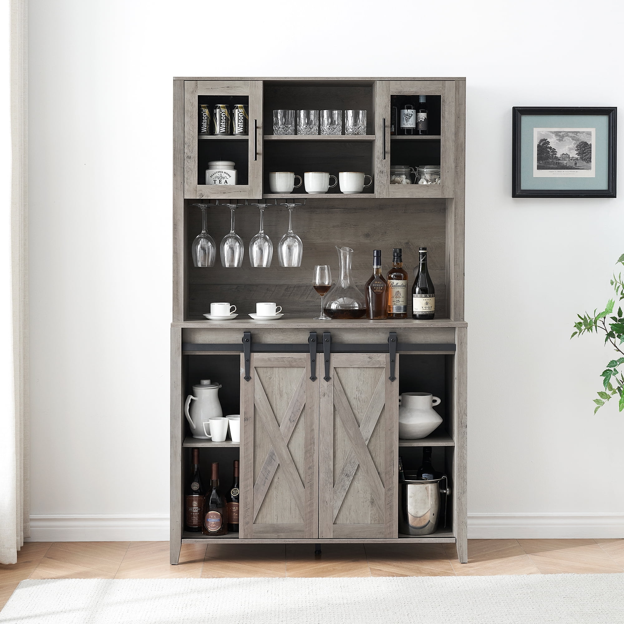 Farmhouse Bar Cabinet with Storage, Kitchen Buffet Cabinet with Sliding ...