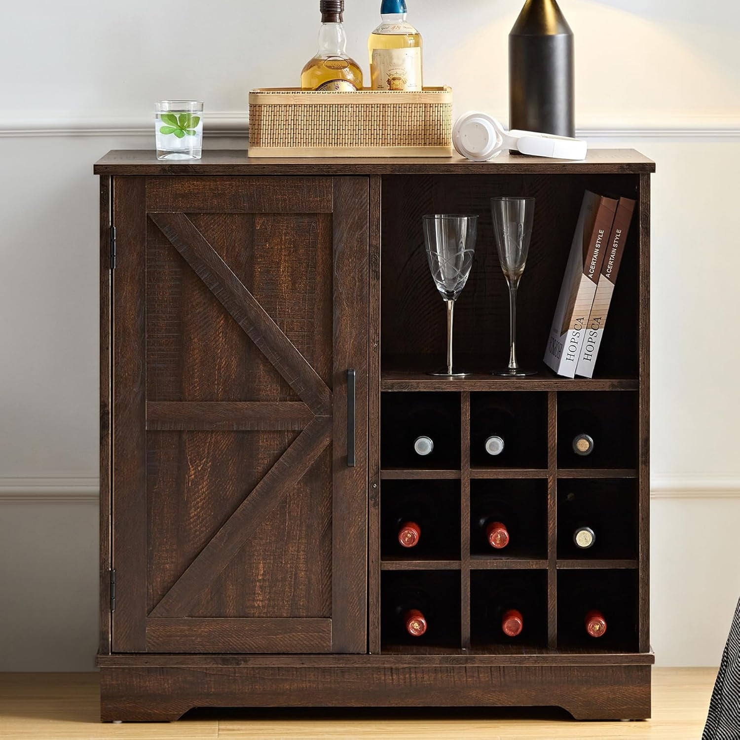 Farmhouse Bar Cabinet With Wine Rack, Rustic Buffet Sideboard With Barn ...